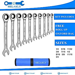 HELAKLS 10-Piece 1/4-3/4 Inch Ratchet Wrench Set Chrome Vanadium Steel SAE Combination Box Open Ended Standard Kit Tool for Mechanic with Portable Suspended Canvas Bag