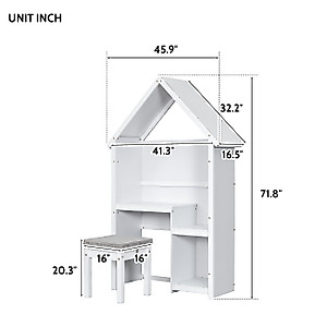 Bellemave Kids Desk and Chair Set Wood Study Desk with Storage and Cushion Stool House Shaped Art Table for Girls Boys Children, White