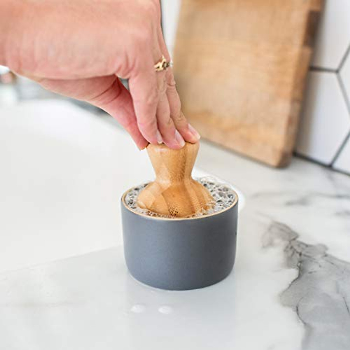 Full Circle Bubble Up Ceramic Dispenser & Bamboo Handle Brush – Replaceable Kitchen Dish Scrubber with Soap Holder, Gray, Dispenser, Grey/White