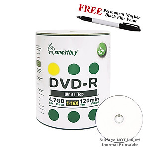 Smartbuy 100-disc 4.7GB/120min 16x DVD-R White Top Blank Media Record Disc + Black Permanent Marker