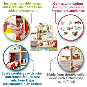 Hape Doll Family Mansion| Award Winning 10 Bedroom Doll House, Wooden Play Mansion with Accessories for Ages 3+ Years