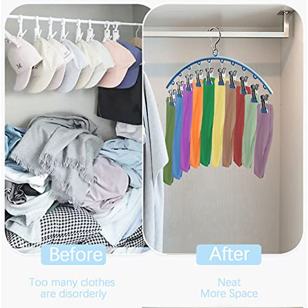 2 Pack Hanging Leggings Organizer for Closet, Legging Holder with 10 Clips Holds 20 Leggings, 360° Roatable Pant Hook Hanger with Rubber Coated Space Saving Organization（Blue）