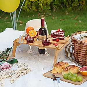 STBoo Outdoor Portable Wine Table, Outside Lightweight Picnic Table with Wine Bottle and 4 Glass Holder, Indoor Snack Wooden Table, Picnic Tray Table for Concerts at Park, Beach, Ideal Wine Lover Gift