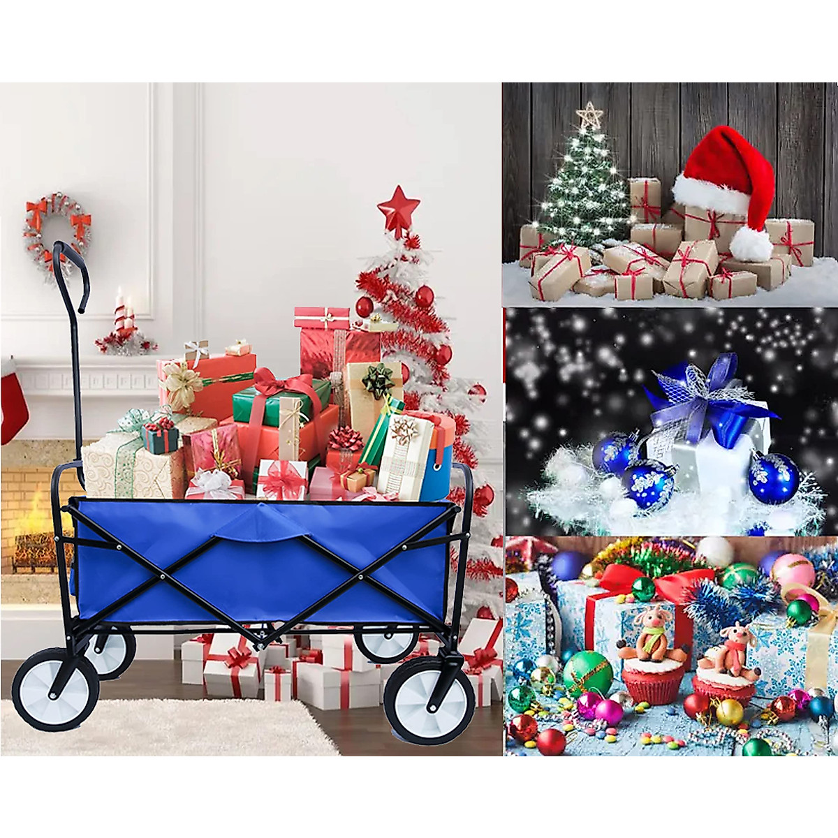 Versatile Folding Beach Wagon Cart with Wheels, Cargo Net, and Straps - Heavy Duty, Collapsible, Portable Utility Cart for Shopping, Camping, Gardening, and More (1, Blue + Steel)