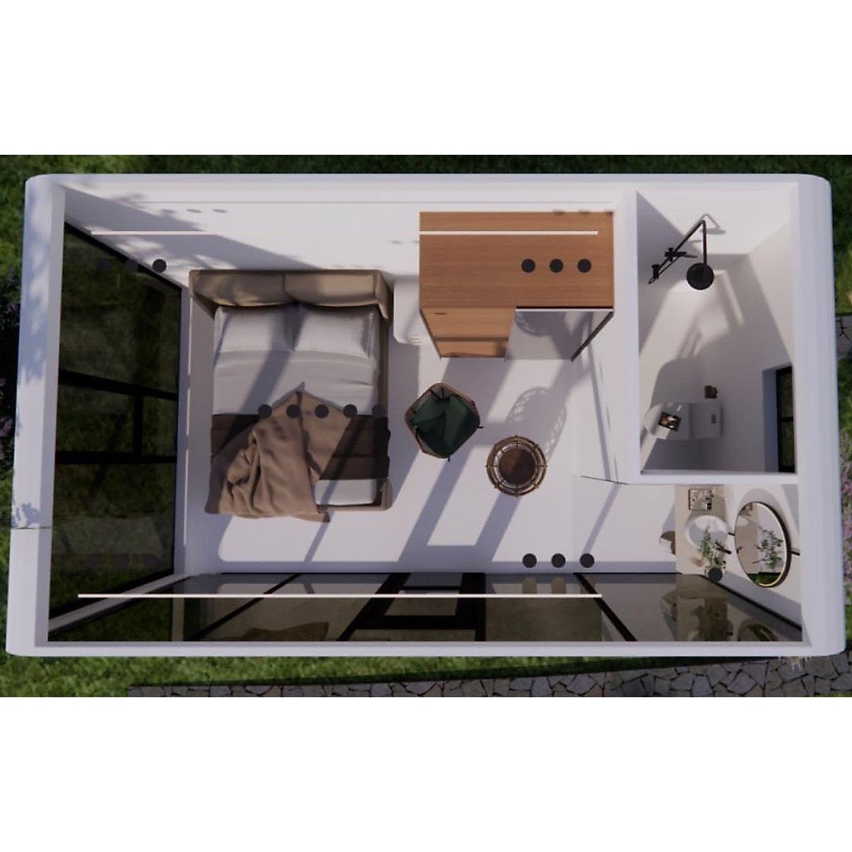 ZECTIQ Luxury Apple Cabin 20FT Prefab House, Bedroom and Bathroom with Shower, Fully Equiped, Premium Glass Windows and Door