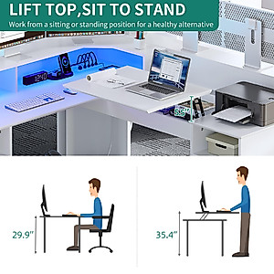 YITAHOME L Shaped Desk with Drawers, 60” Computer Desk with Power Outlets & Lift Top, Home Office Desk with File Cabinet & LED Lights, Height Adjustable Desk, White