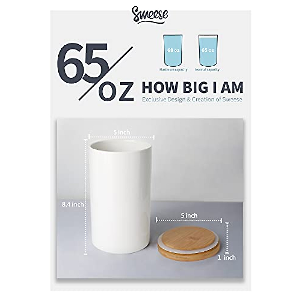 Sweese 817.101 Kitchen Canister, 65oz/1930ml Porcelain Food Storage Jar with Bamboo Lid for Ground Coffee, Flour, Tea, Sugar, Airtight Coffee Container, White