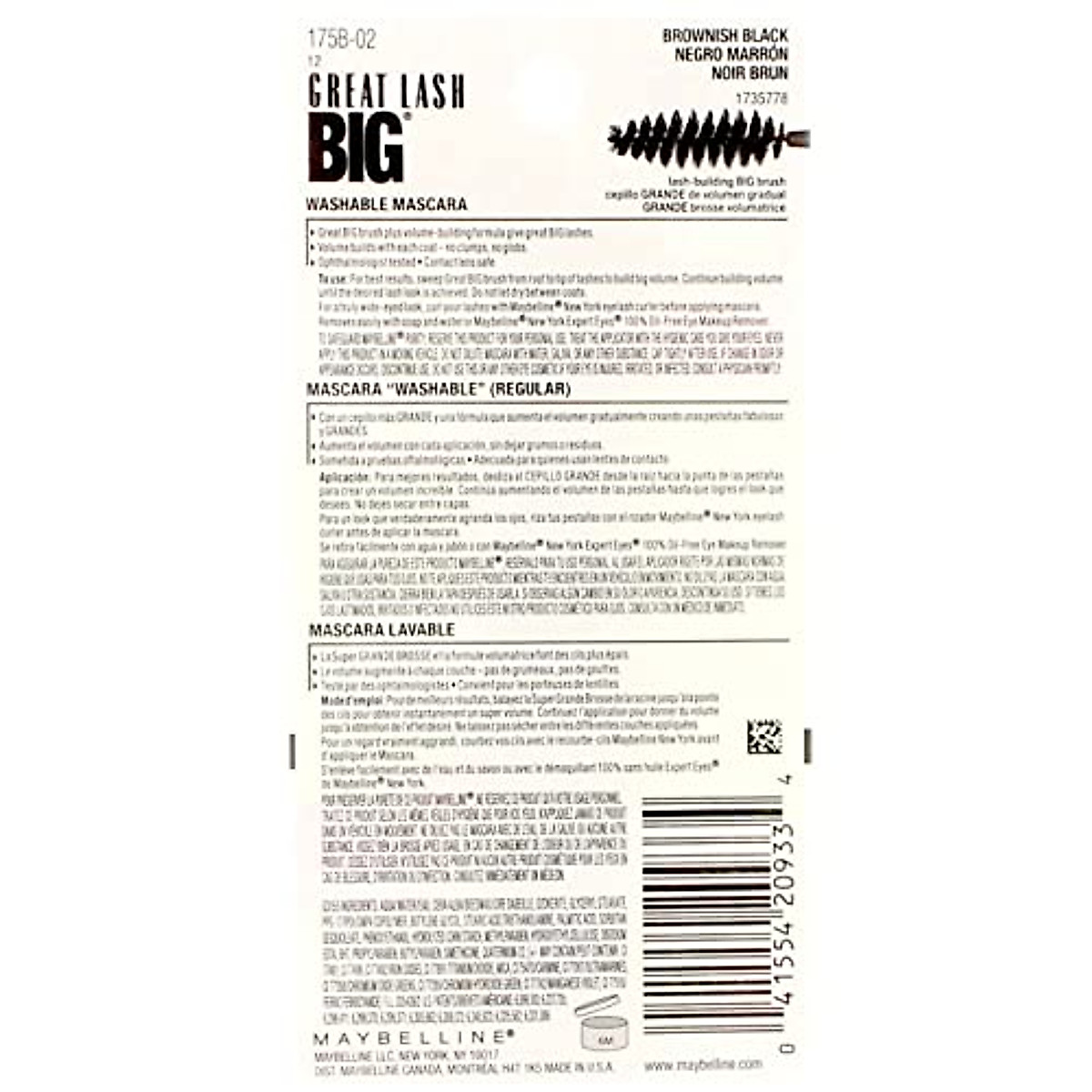 Maybelline New York Great Lash Big Washable Mascara, Brownish Black 132, 0.34 Fluid Ounce (Pack of 3)