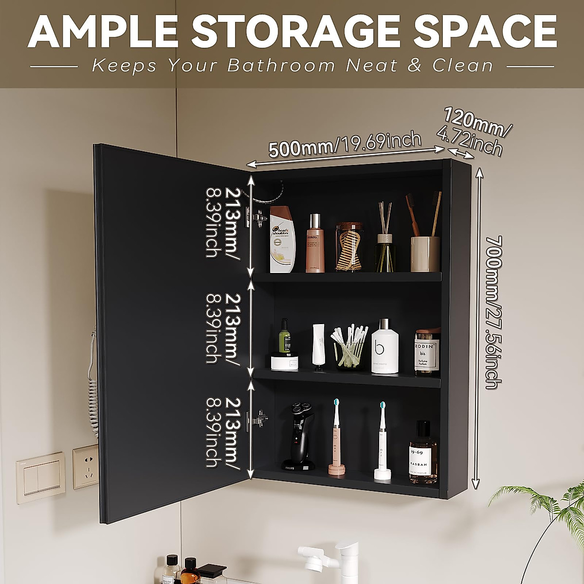 AOOCOW Bathroom Medicine Cabinet with Lights, 20 x 28 Inches LED Mirror Medicine Cabinet, Defogger,3-Color Temp, Black Aluminum Lighted Medicine Cabinet, Surface Mount