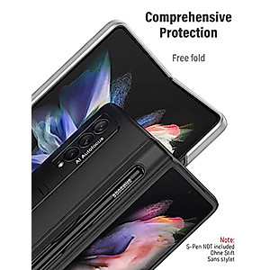 KumWum Phone Case for Samsung Galaxy Z Fold 3 5G Hinge Protection with S Pen Slot Full Body Cover Ultra Thin Built-in Kickstand - Black