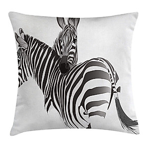 Ambesonne Zebra Throw Pillow Cushion Cover, Exotic Animals Couple Savannah Theme Jungle Fauna Camouflage Digital Design Print, Decorative Square Accent Pillow Case, 16" X 16", White Grey