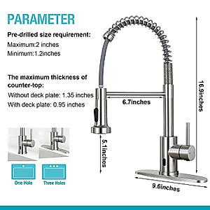 DJS Kitchen Faucets with Pull Down Sprayer Brushed Nickel -【Touchless】Single Handle 1 or 3 Holes Spring Kitchen Sink Faucet with Deck Plate for Farmhouse RV Vessel Basin