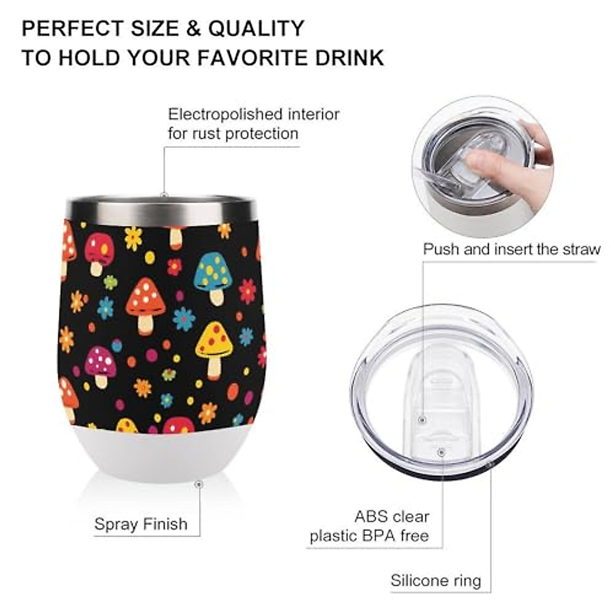 Rainbow Mushroom Funny Wine Tumbler 12 Oz Stainless Steel Insulated Mug Double Wall Water Cup with Lid