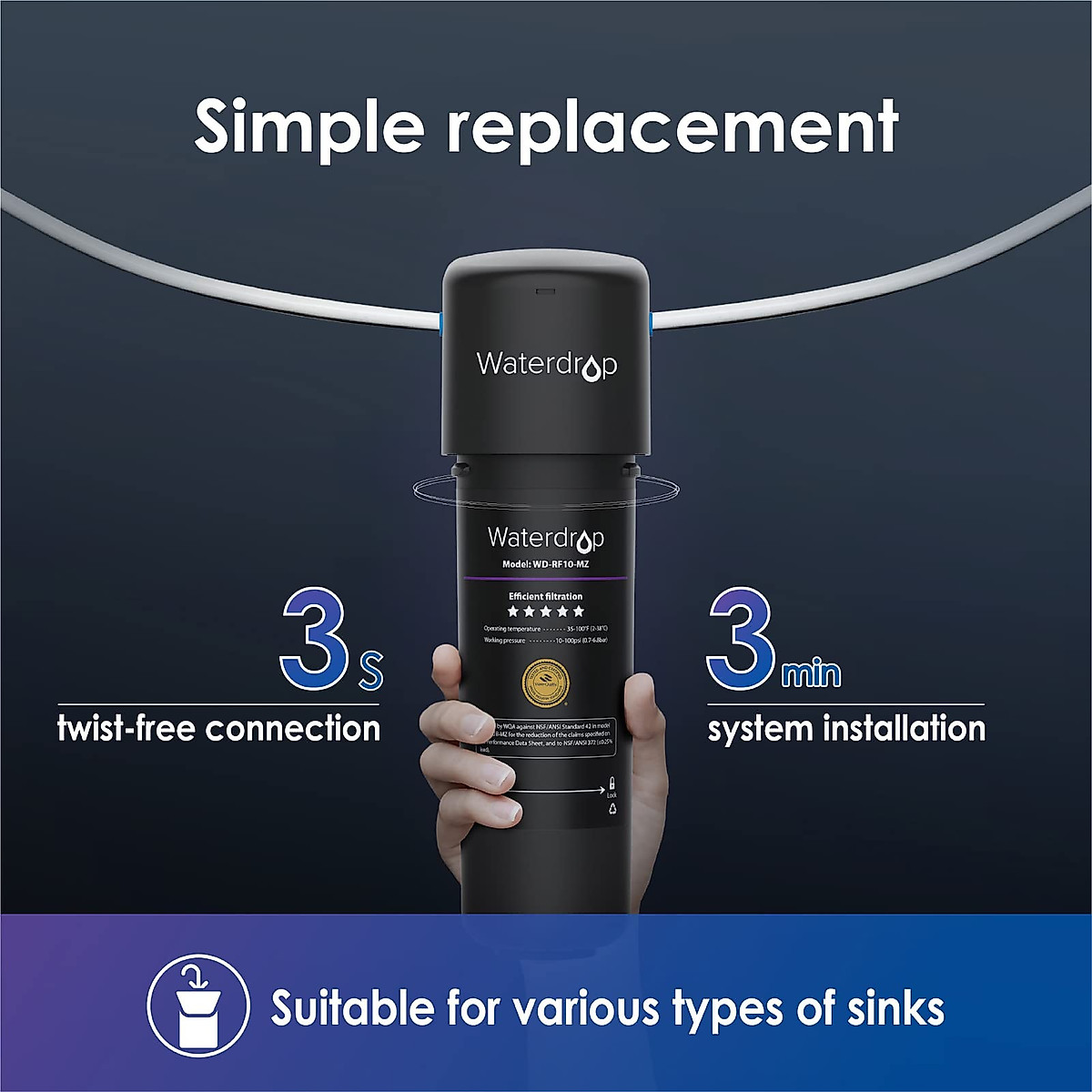 Watedrop Remineralization Replacement Filter AND WD-10UA Under Sink Water Filter System, NSF/ANSI 42 Certified, 8000 Gallons, USA Tech