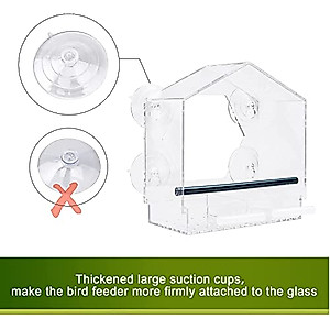 Fubullish Window Bird Feeder, Large Bird House Feeders for Outside with 4 Strong Suction Cups & 2 Extra Bird Stands, Removable Tray and Drain Holes, Birdhouse Shape, Clear Acrylic for Bird Watching