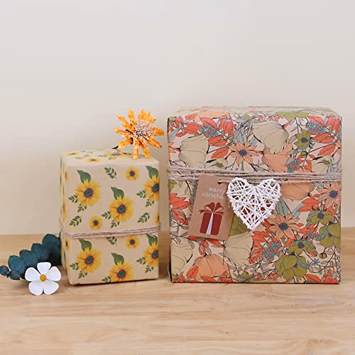 Aimyoo Kraft Floral Wrapping Paper Jumbo Roll, All Occasion Flower Gift Wrap Paper for Wedding Bridal Shower Birthday, 17 in x 60 ft