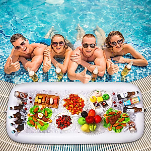 HEMOTON 1 Set 2PCS Inflatable Pool Serving Bar and 3pcs Mesh Food Tent Set Drinking Buffet Tray Inflatable Ice Serving Buffet Bar Drinks Cooler Tray with Drain Plug