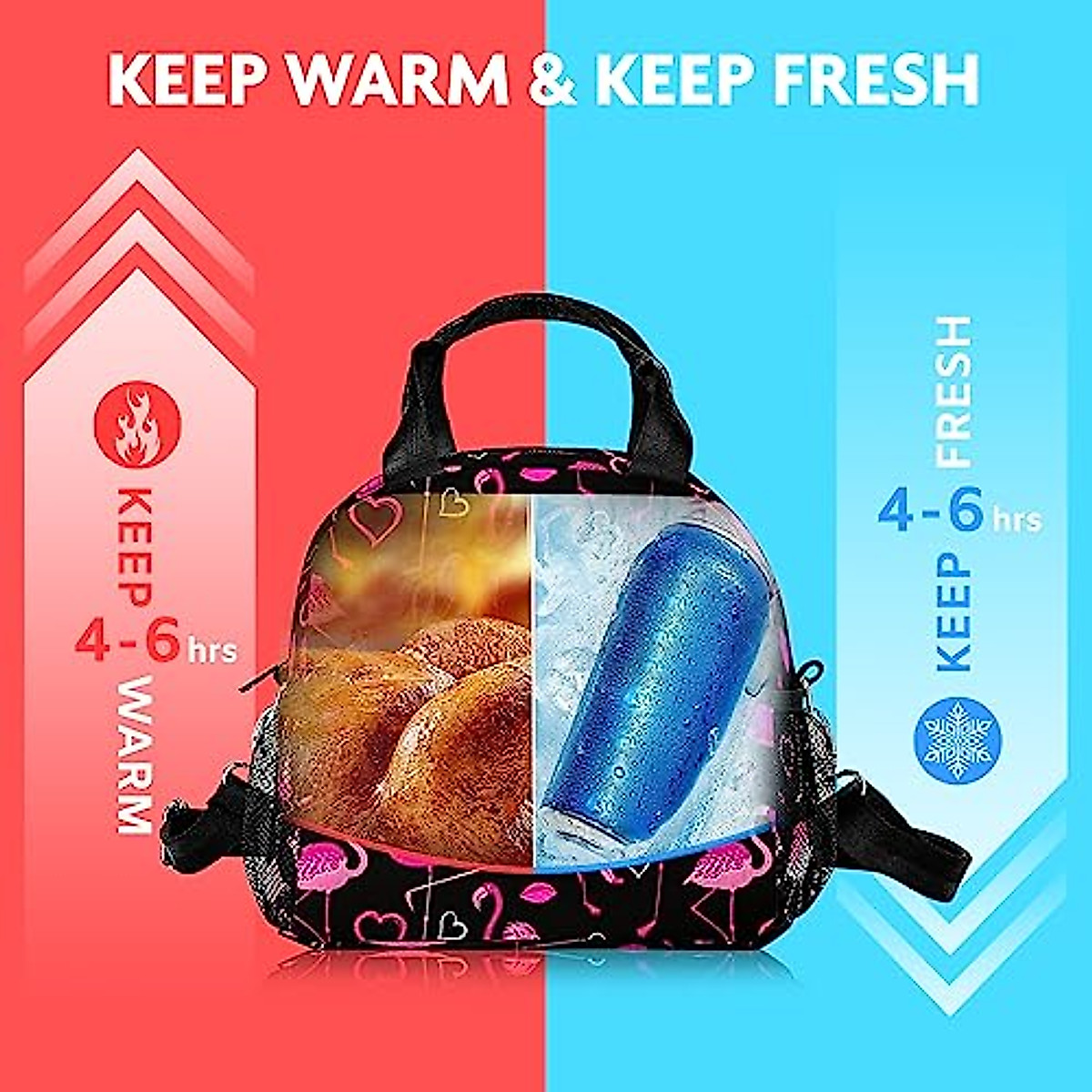 Wuetduz Pink Flamingo Insulated Lunch Bag for Women Men, Large Capacity Portable Cooler Lunch Tote with Adjustable Shoulder Strap and Side Pockets, Reusable Meal Prep Bag for Work School