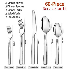 Silverware Set for 12, CXJY 60-Piece Stainless Steel Flatware Cutlery Set, Square Edge Kitchen Utensil Include Knives/Forks/Spoons, Tableware for Home/Hotel, Mirror Polished Dishwasher Safe