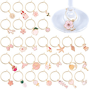 Hicarer 31 Pieces Wine Glass Charms Summer Wine Markers Rings Set Including 31 Mixed Enamel Champagne Stem Glass Charms and 31 Golden Wine Rings for Funny Bachelorette Tasting Wedding Party Favors