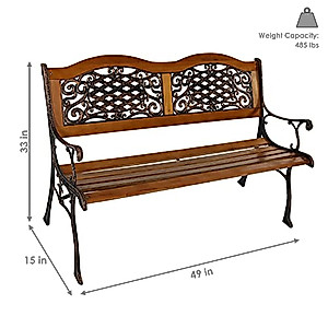 Sunnydaze 2-Person Garden Bench - Cast Iron and Wood Frame with Ivy Crossweave Design - 49-Inch Outdoor Patio Furniture - Perfect for Deck, Porch, Balcony, Backyard or Garden
