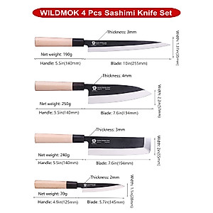 WILDMOK Knife Set of 4 GYUTO Sushi Chef Knives-Yanagiba-Deba-Nakiri-Utility Kitchen Knife, Fish Slicing Filleting Knife Sets with German Steel Blade & Traditional Wooden Handle