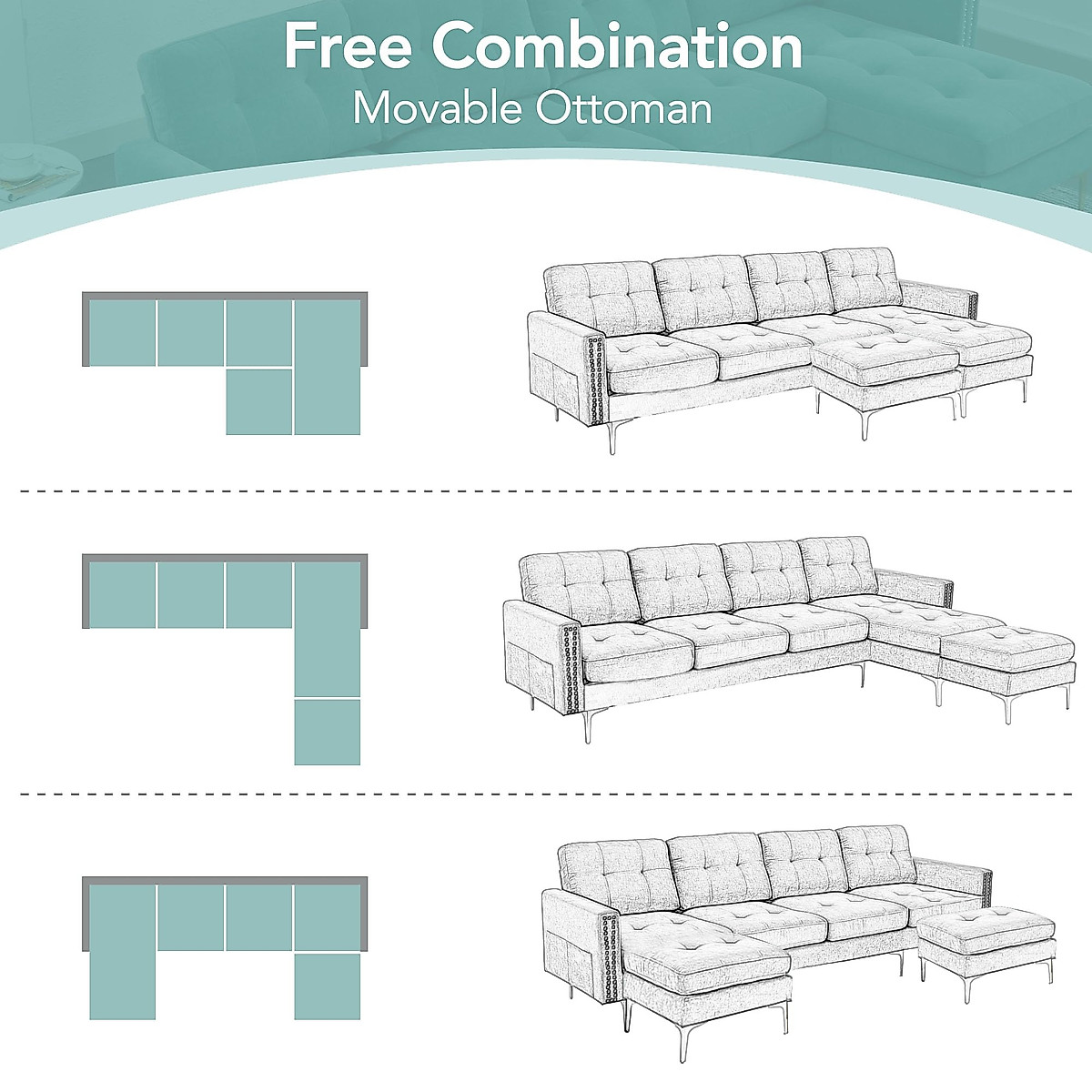 FANYE 111" W U-Shaped Sectional Sofa Couch with Reversible Chaise and Movable Ottoman, Modern 5-Seaters Convertible Corner Sofa&Couch with Side Pockets and Nail Head Decor for Living Room