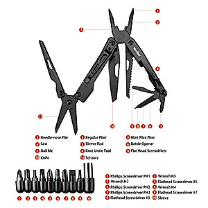 NexTool Black Knight Multitool Knife, 12 in 1 Stainless Steel Multitool, Pocket Knife with Self-Locking, Huge Scissors, 9 Screwdriver Bits, Bottle Opener for Camping Fishing Survival, Gifts for Men