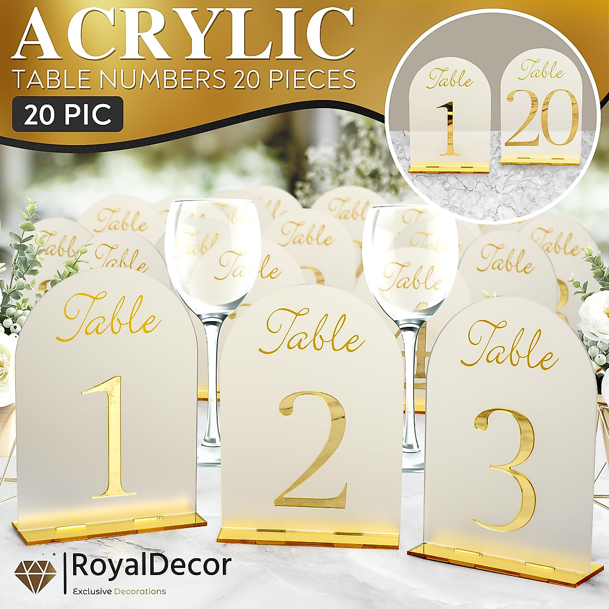 RoyalDecor's Frosted Arched Acrylic Table Numbers 1-20 with Gold Mirror Number and Stands - Perfect Wedding Table Decorations Accessories - Small Number Stand Centerpieces for Reception Tables - 5x7