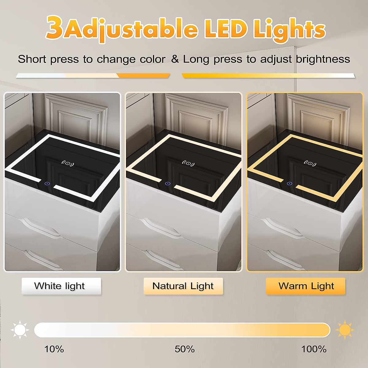 Jehiatek White Nightstand Set of 2, Night Stand Set 2 with Wireless Charging Station, High Gloss End Table with Adjustable LED Lights & USB Charging, Bedside Table Set of 2 with 3 Drawers (White)