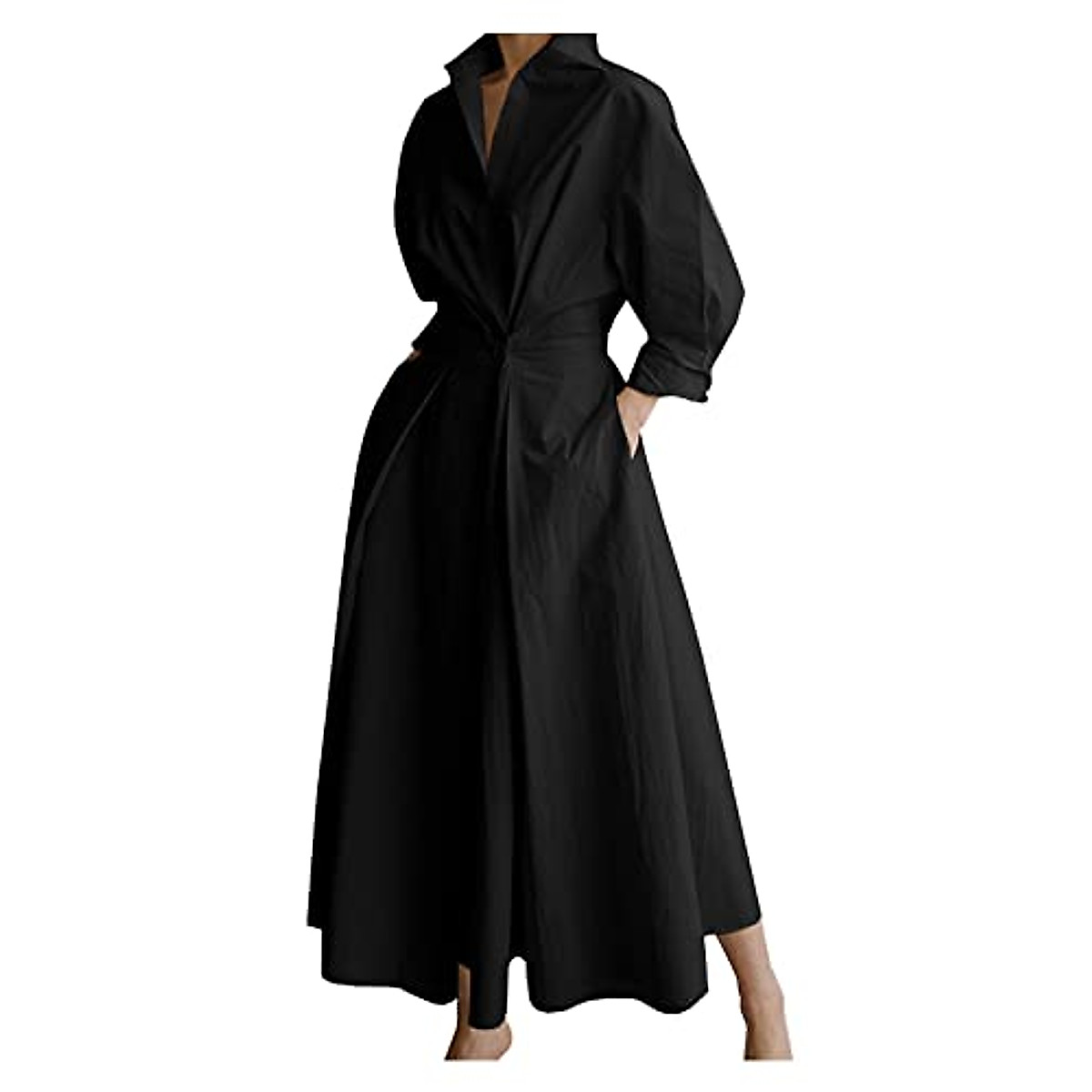 Ladyful Elegant Cotton Shirt Dress for Women A-line Long Sleeve Maxi Dress Black