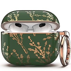 TATOFY Case Cover for AirPods 3, AirPods 3 Case for Women, Flora Protective Hard Case with Carabiner, Led Visible, Wireless Charging Compatible (Golden Green)