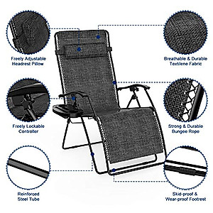 Keten Zero Gravity Chair, Patio Folding Lounge Chair Recliners, Adjustable Lawn Lounge Chair with Pillows Replacement Cords Cup Holders for Backyard Poolside Beach Set of 2(Black)