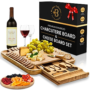 Premium Bamboo Cheese Board: Large Charcuterie Boards Set Including 4 Stainless Steel Knife & Wine Opener - Cheese Platter & Serving Tray - Ideal Valentines Day Gifts, Housewarming Gift, Wedding Gifts