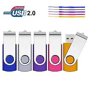 SRVR 5 Pack 32GB USB Flash Drive, USB 2.0 Thumb Drives, Jump Drive with Lanyards Metal Swivel USB Memory Stick with LED Indicator(5 Colors)