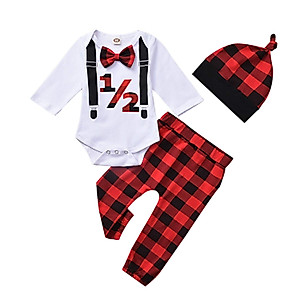 Baby Boy Half Birthday Outfit, Infant Buffalo Plaid Gentlemen Romper Bodysuit for 1/2 Birthday Party Cake Smash Clothes (Red, 6-9 Months)