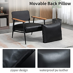 GYI Black Leather Accent Chair Set of 2, 23.6'' Wide Armchair Set of 2, Industrial Black Metal Frame Accent Chairs with Wood Arms, Mid-Century Modern Comfy Sofa Chair for Living Room, Bedroom