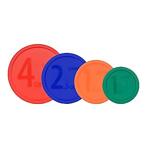 Pyrex (1) 322-PC Green, (1) 323-PC Orange, (1) 325-PC Blue, and (1) 326-PC Red Mixing Bowl Lids (FOR PYREX MIXING BOWLS ONLY) - Made in the USA