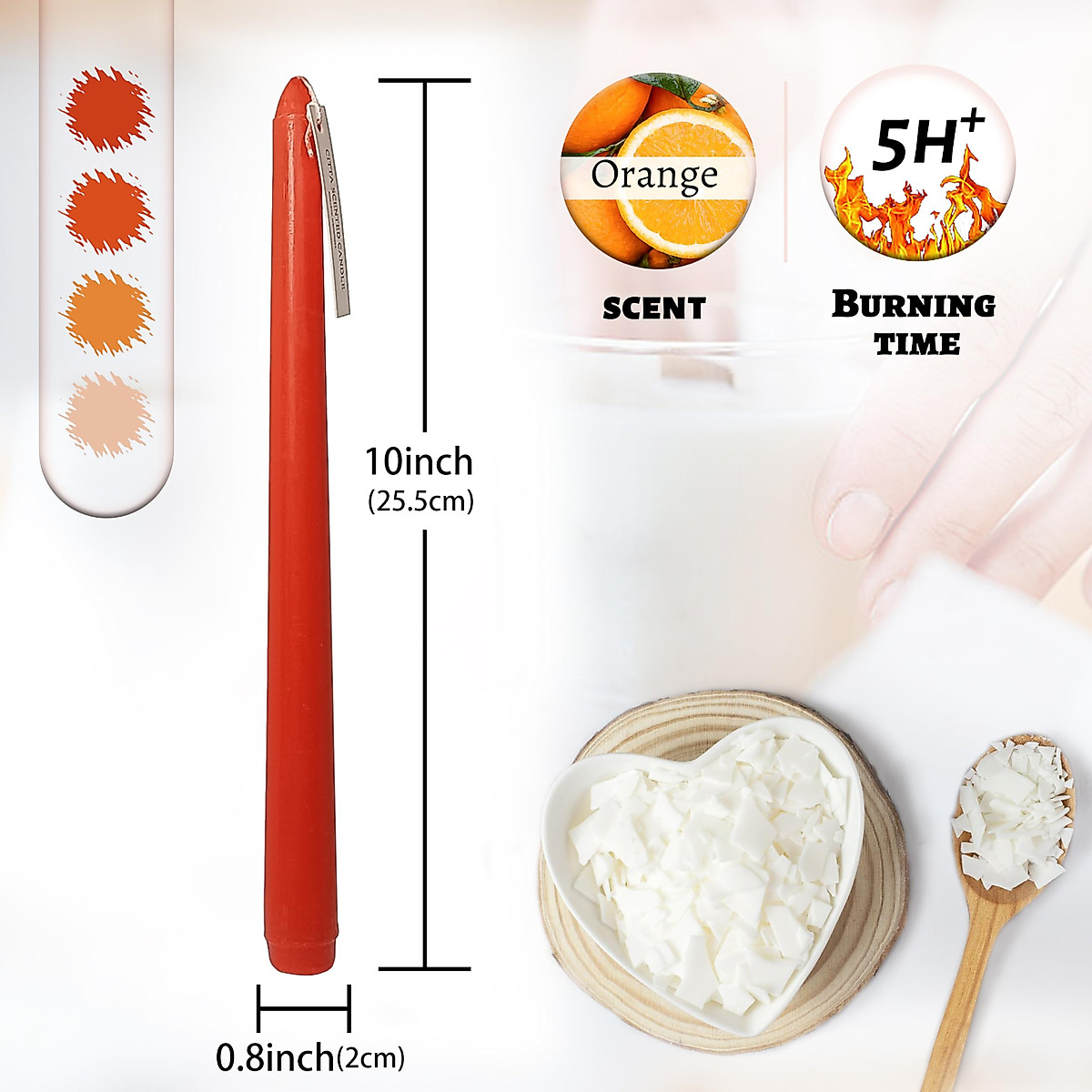 Smokeless Long Taper Candles Orange Scented 10inch Handmade Dinner Candlesticks for Home Decoration Holiday Gifts