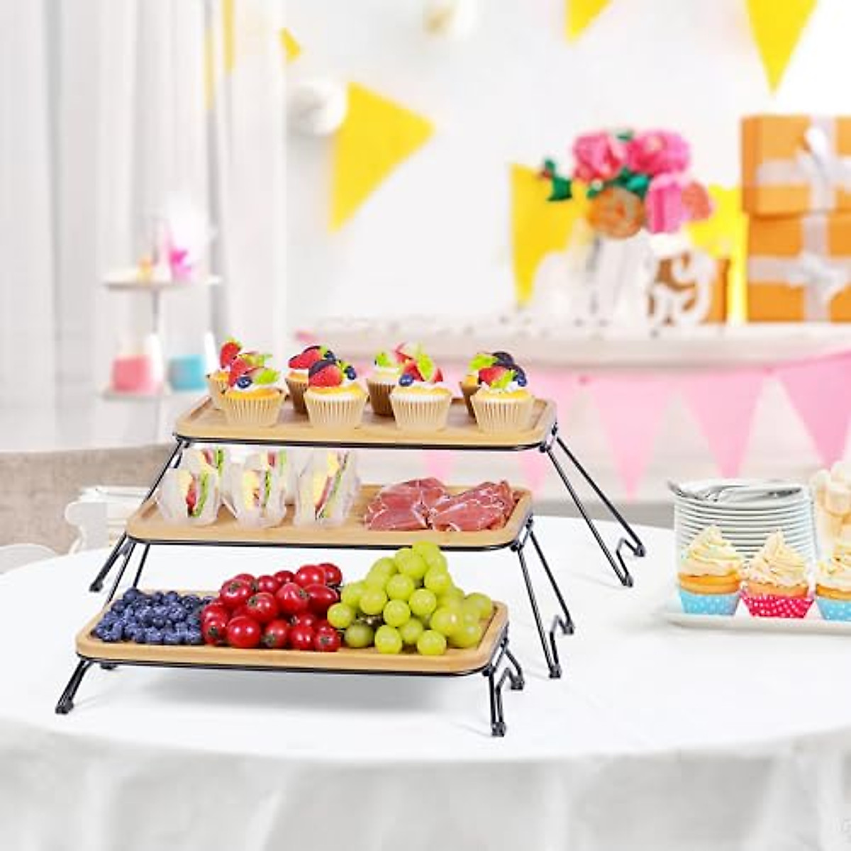 Urban Deco 3 Tier Serving Tray, Collapsible Tiered Tray Stand with 15 Inch Serving Platters for Dessert Table Display Set, Large Cupcake Stand, Serving Dishes for Entertaining