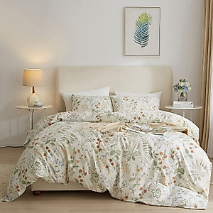 EAVD Vintage Style Floral Duvet Cover Queen White Soft 100% Cotton Garden Botanical Floral Bedding Set for Girls Women with 2 Pillowcases Chic Shabby Floral Comforter Cover with Zipper Closure