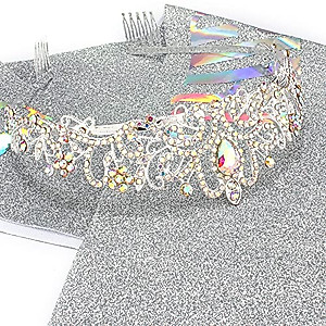 "Birthday Girl" Sash & Rhinestone Tiara Set Silver COCIDE Birthday Sash and Tiara for Women Birthday Decoration Kit Rhinestone Headband for Girl Glitter Crystal Hair Accessories for Birth Party (Aurora Borealis Silver Tiara + Silver Sash)