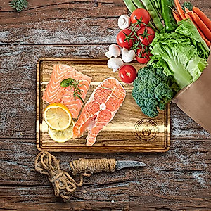 Charcuterie Cutting Board for Kitchen with Groove- Organic Handcrafted Large Acacia Wooden Cutting Board for Fruit & Vegetable with Inner Handles, Oiled Chopping Board- 16x12