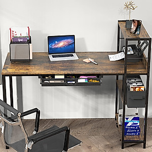 SHW 46-Inch Computer Desk with Adjustable Side Shelf and Drawer, 24" Deep, Rustic Brown