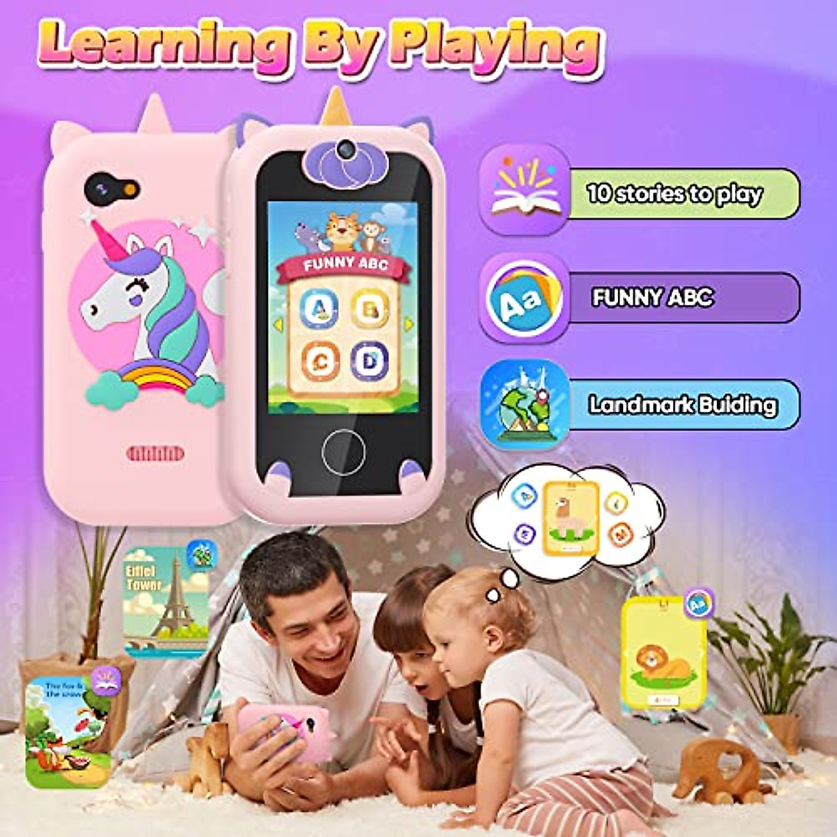 Lizzbey Unicorn Phone for Girls Age 3-8 - Touchscreen Learning Toy with Camera and 8G SD Card