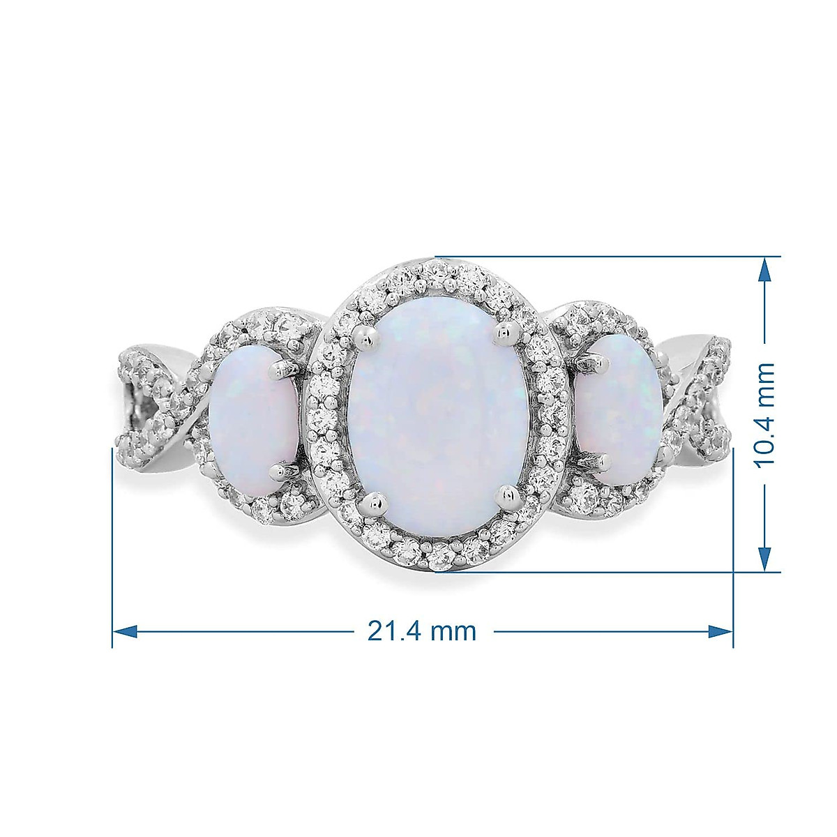 Jewelili Sterling Silver 8X6 MM and 5X3 MM Oval Created Opal and Round Created White Sapphire 3-Stone Engagement Ring, Size 8