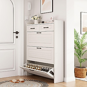 HANLIVES Hidden Shoe Cabinet for Entryway, Narrow Shoe Storage Organizer with 3 Doors 2 Drawers,4 Tier Wood Entry Shoe Cabinet,White Flip Down Shoe Rack for Hallway,Apartment