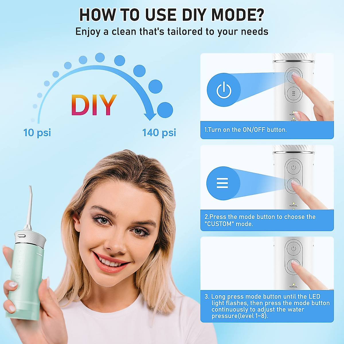 Hangsun Water Flosser Cordless Oral Irrigator Portable Teeth Cleaner HOC600 IPX7 Waterproof Electric Dental Flossers with DIY Modes 6 Jet Tips for Braces Care Travel and Home Use