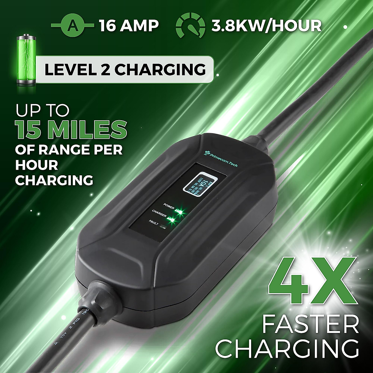 PRIMECOM Level 2 EV Charger 220/240V, 16A, 30ft & 50ft, Portable EVSE Electric Vehicle Charging Cable Compatible with Bolt Volt Leaf BMW i3 Fiat 500e Clarity NIRO Prius (10-30P, 30 Feet)