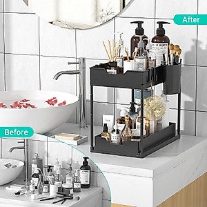 HISDEAR 2 Pack Under Sink Organizers and storage, 2 Tier Slide-out Drawers Bathroom Organizer, Adjustable Height Kitchen Organizers and Storage for Kitchen Bathroom Bedroom Office, Black